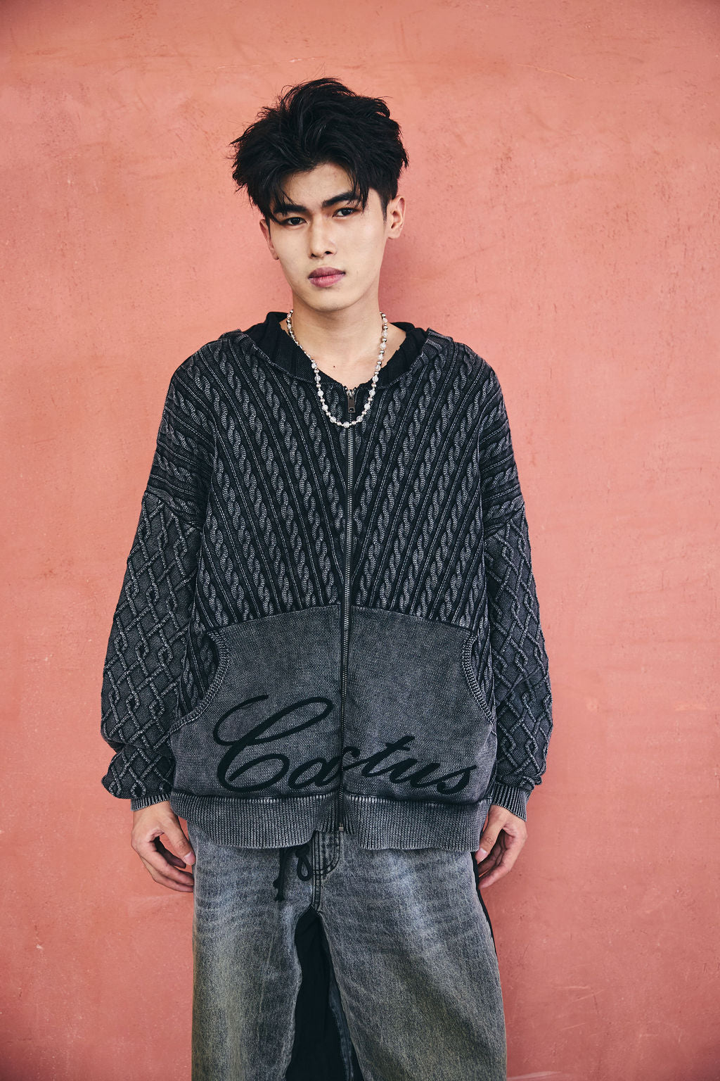 CHAIN KNIT HOODIE - GREY – AZVA